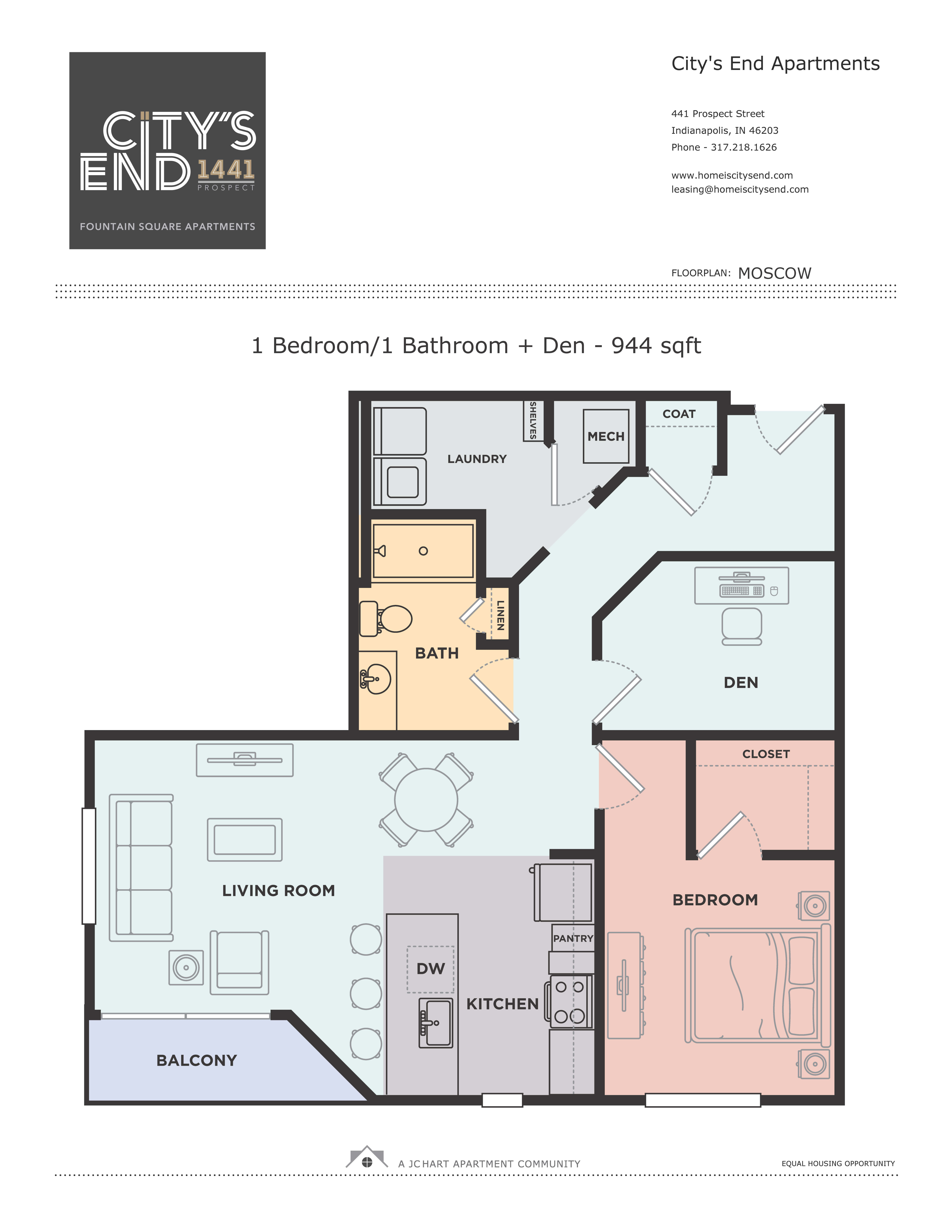 Moscow 1 Bedroom Floor Plan | City's End - Fountain Square Apartments